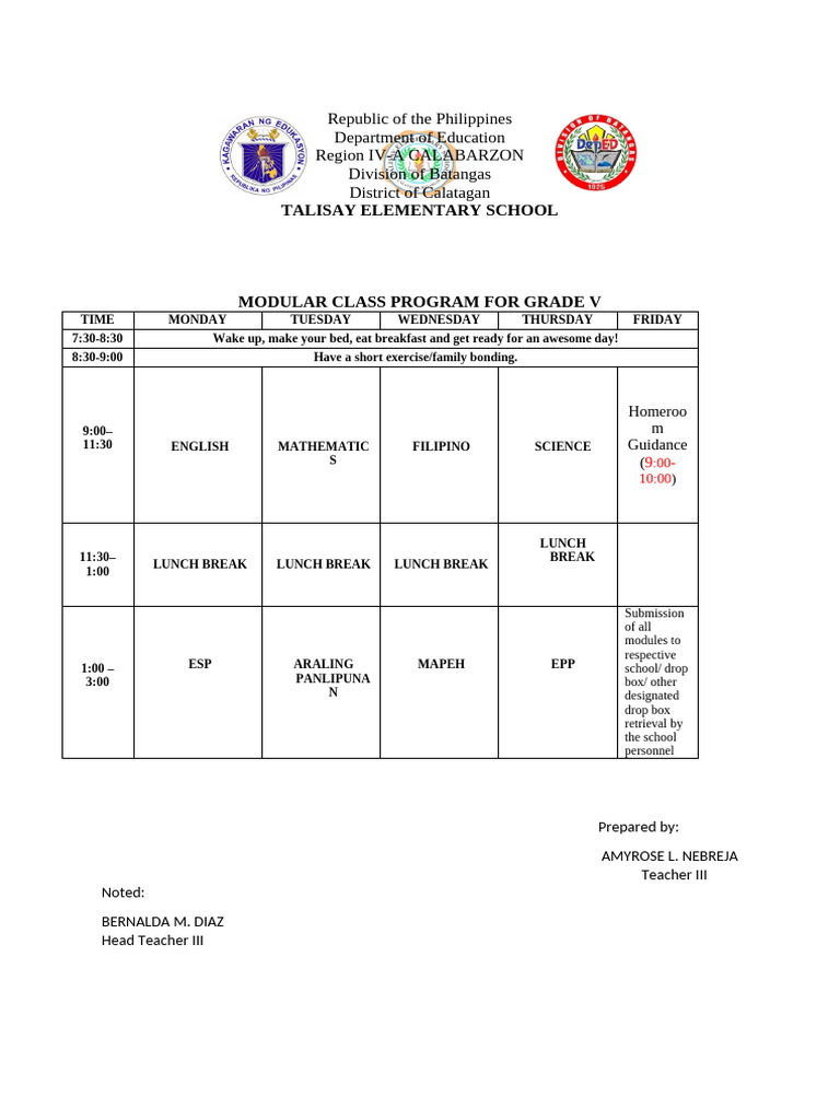 Modular Class Program Grade V Alnebreja | PDF