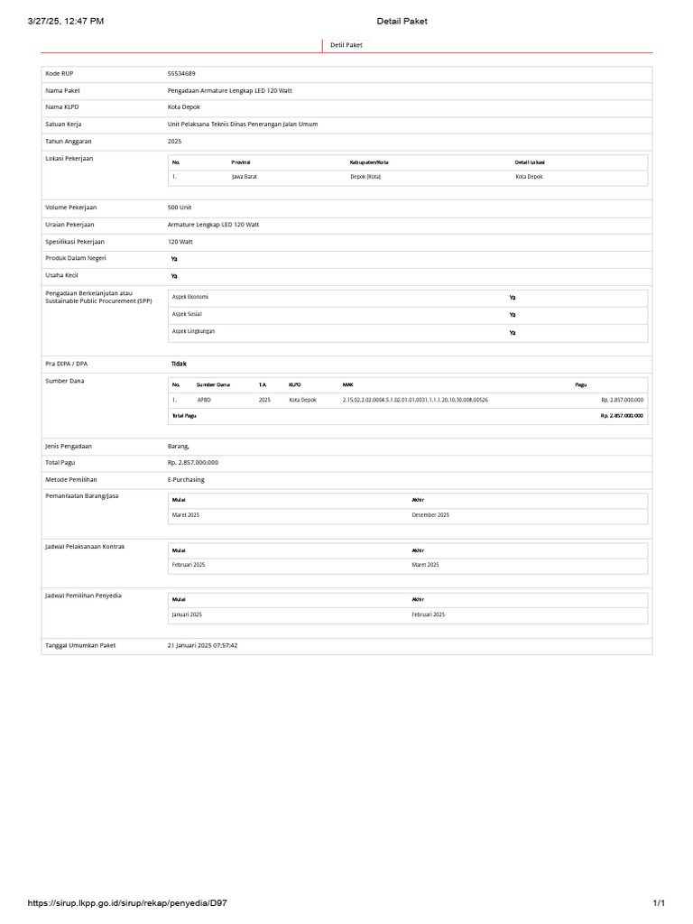 Pengadaan Armature Lengkap LED 120 Watt Rp2,8M | PDF