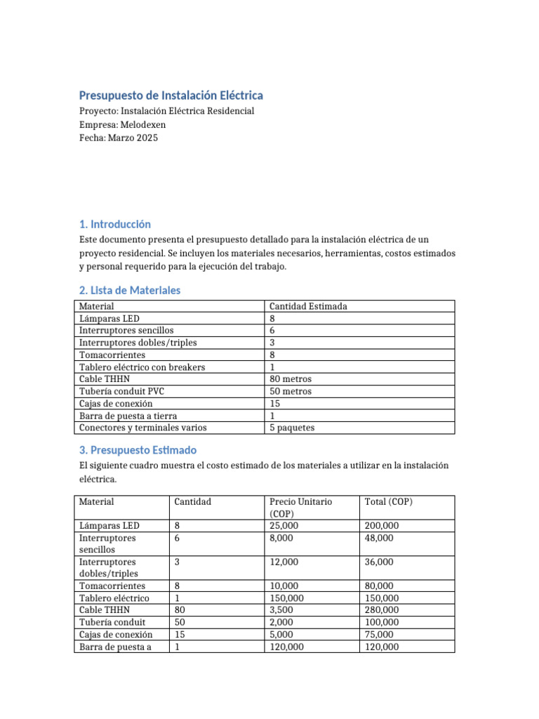 Presupuesto Instalacion Electrica Tabulado | PDF | Equipo eléctrico | Cable