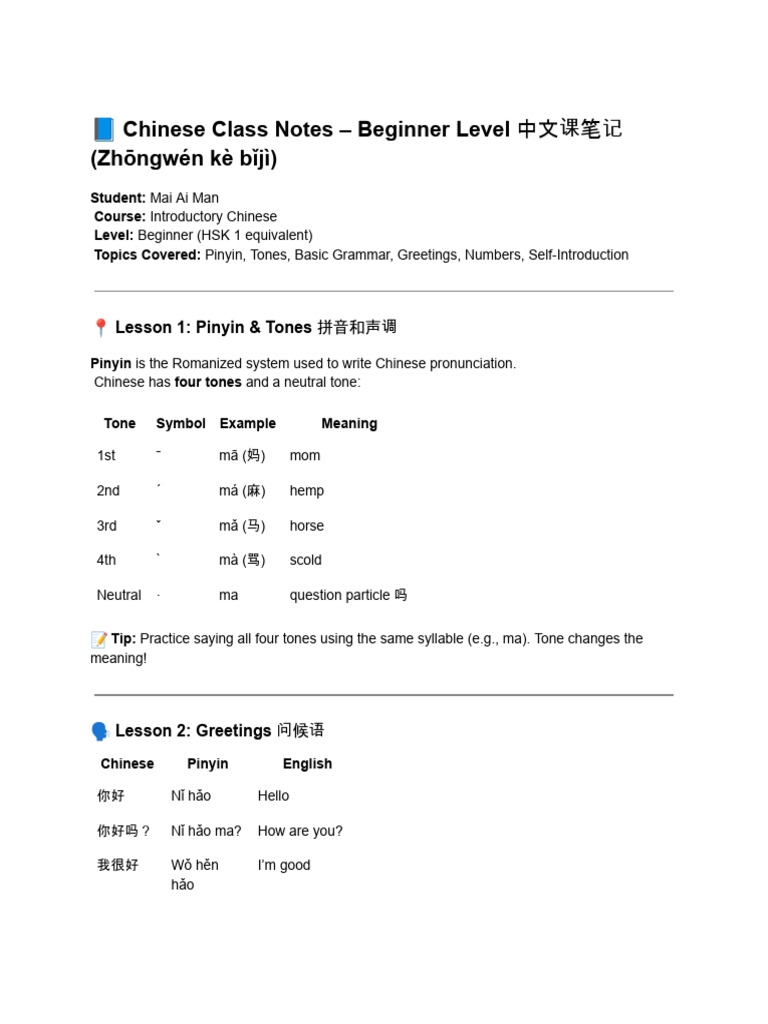 Beginner Chinese Class Notes | PDF