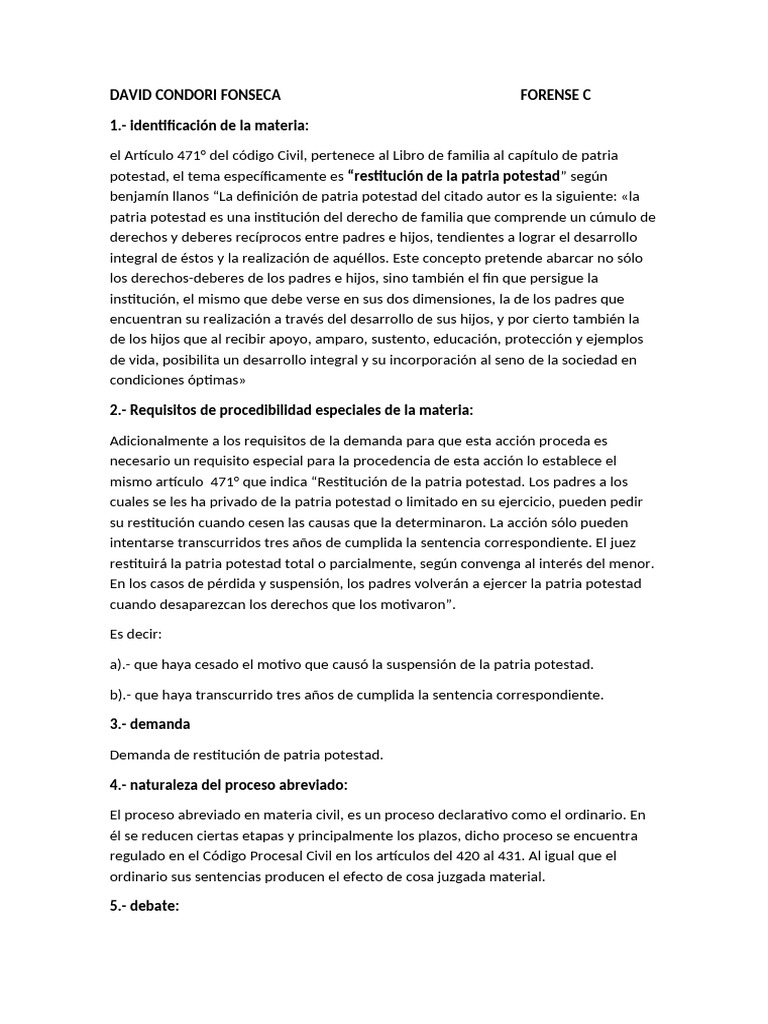 DAVID CONDORI FONSECA restitucion de patria potestad. | PDF | Demanda ...