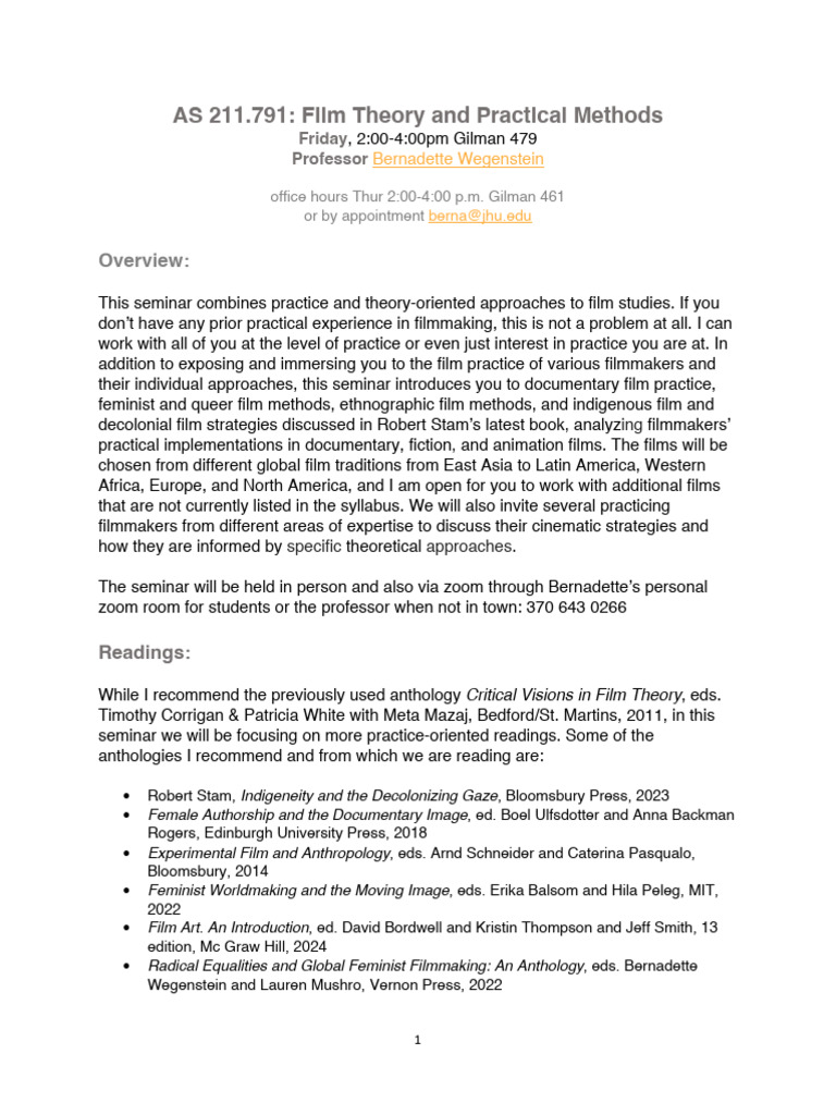 Film Theory and Practice Seminar Syllabus | PDF