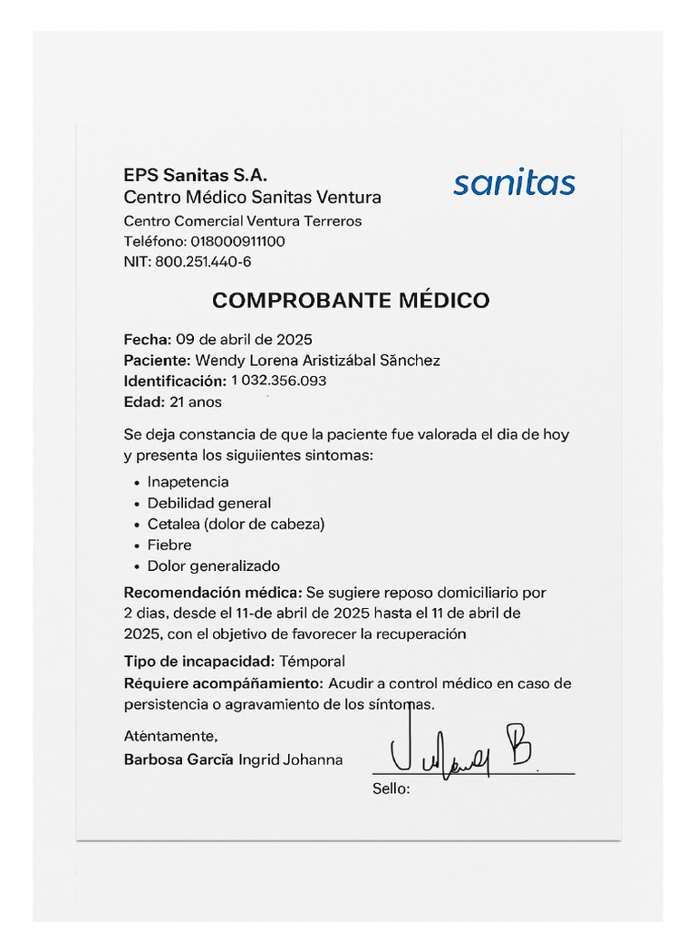 Comprobante Medico Sanitas Wendy Aristizabal | PDF