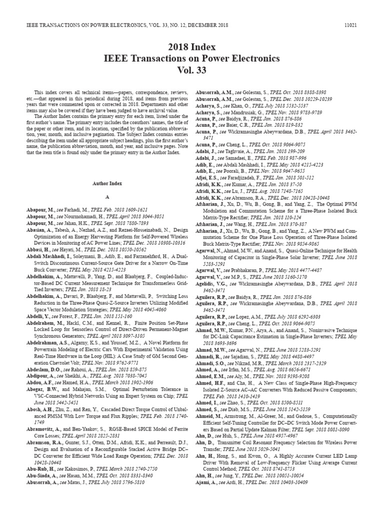 2018 Index IEEE Transactions on Power Electronics Vol. 33 | PDF | Power Inverter | Electricity