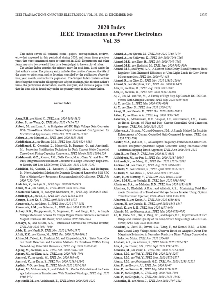 2020 Index IEEE Transactions On Power Electronics Vol. 35 | PDF | Power Inverter | Electric Motor