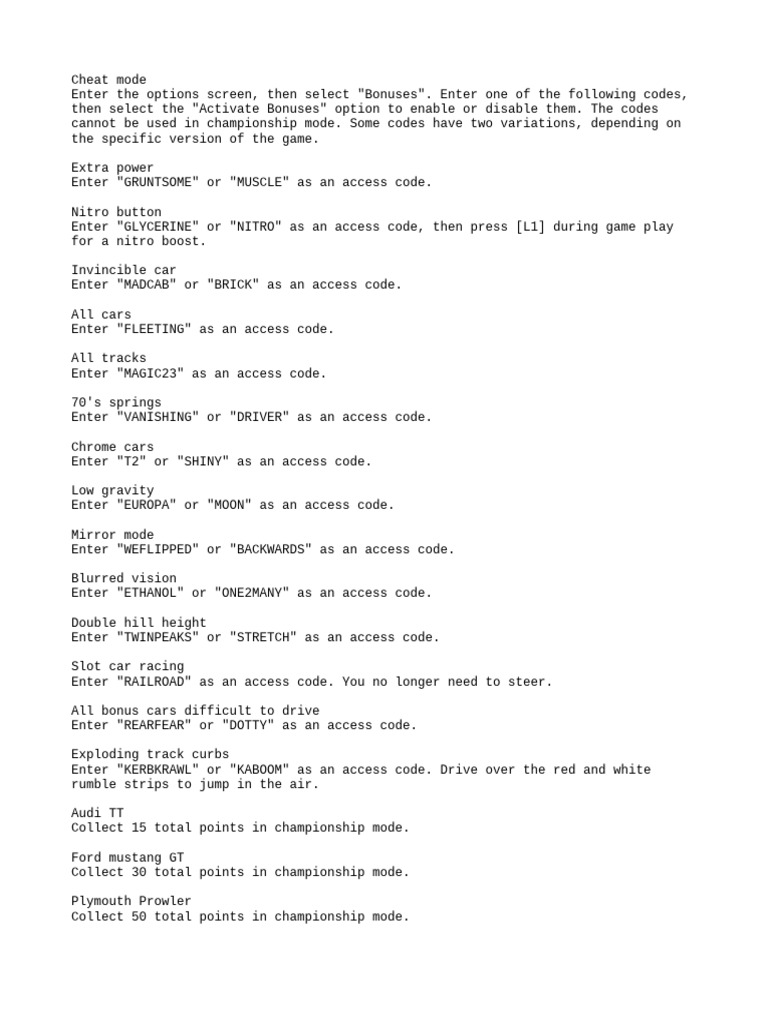 Toca World Touring Cars Cheat Codes | PDF