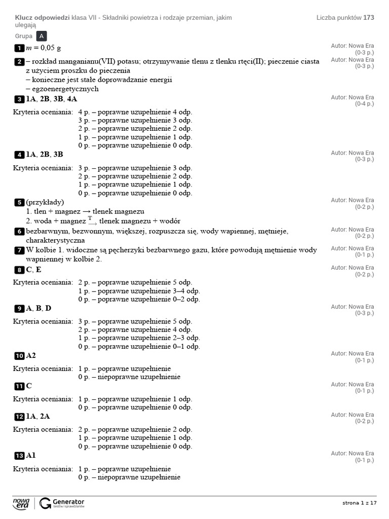 Klasa VII - Składniki Powietrza I Rodzaje Przemian, Jakim Ulegają Klucz Odpowiedzi | PDF