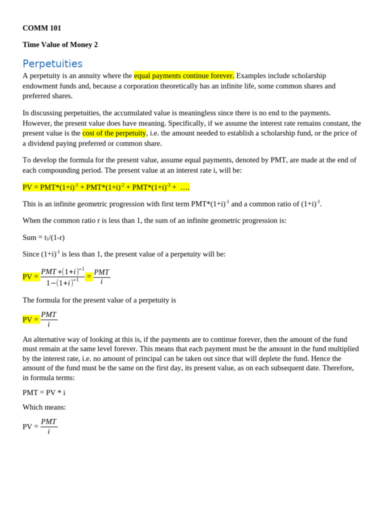 COMM 101 Lecture Unit 1 Time Value of Money 2 | PDF | Present Value | Time Value Of Money