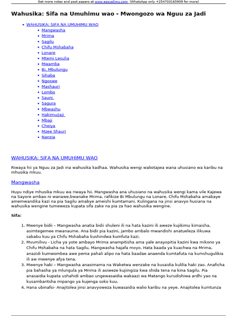 Wahusika Sifa Na Umuhimu Wao Mwongozo Wa Nguu Za Jadi | PDF