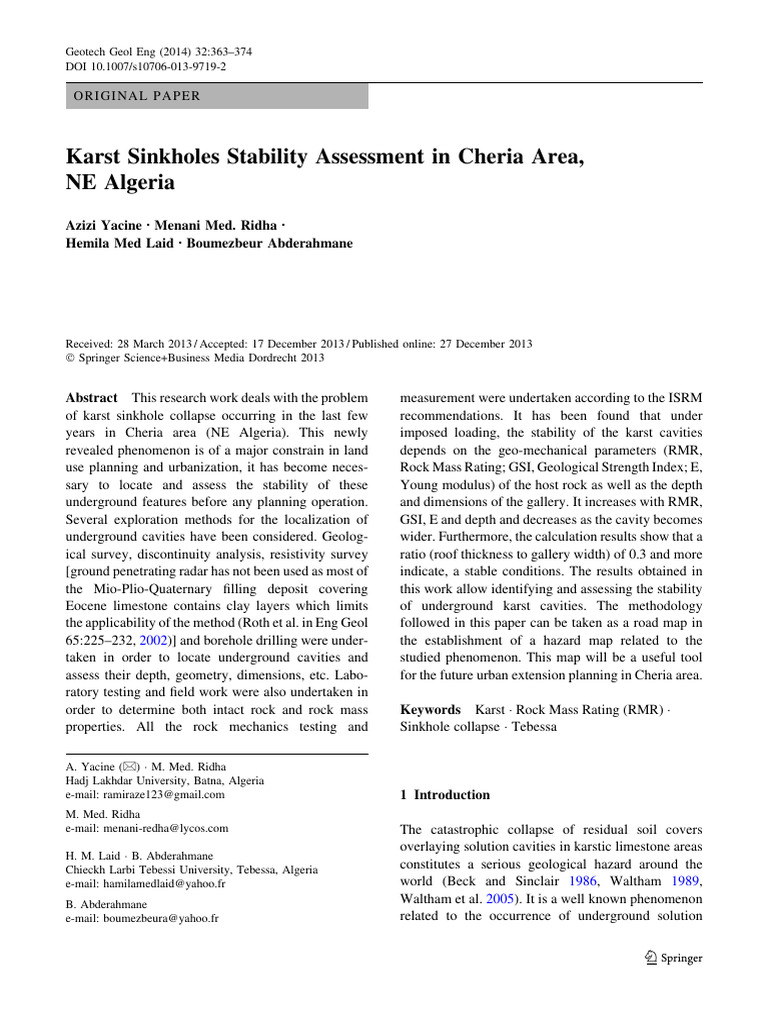 2014 - Karst Sinkholes Stability Assessment in Cheria Area | PDF | Sinkhole | Strength Of Materials
