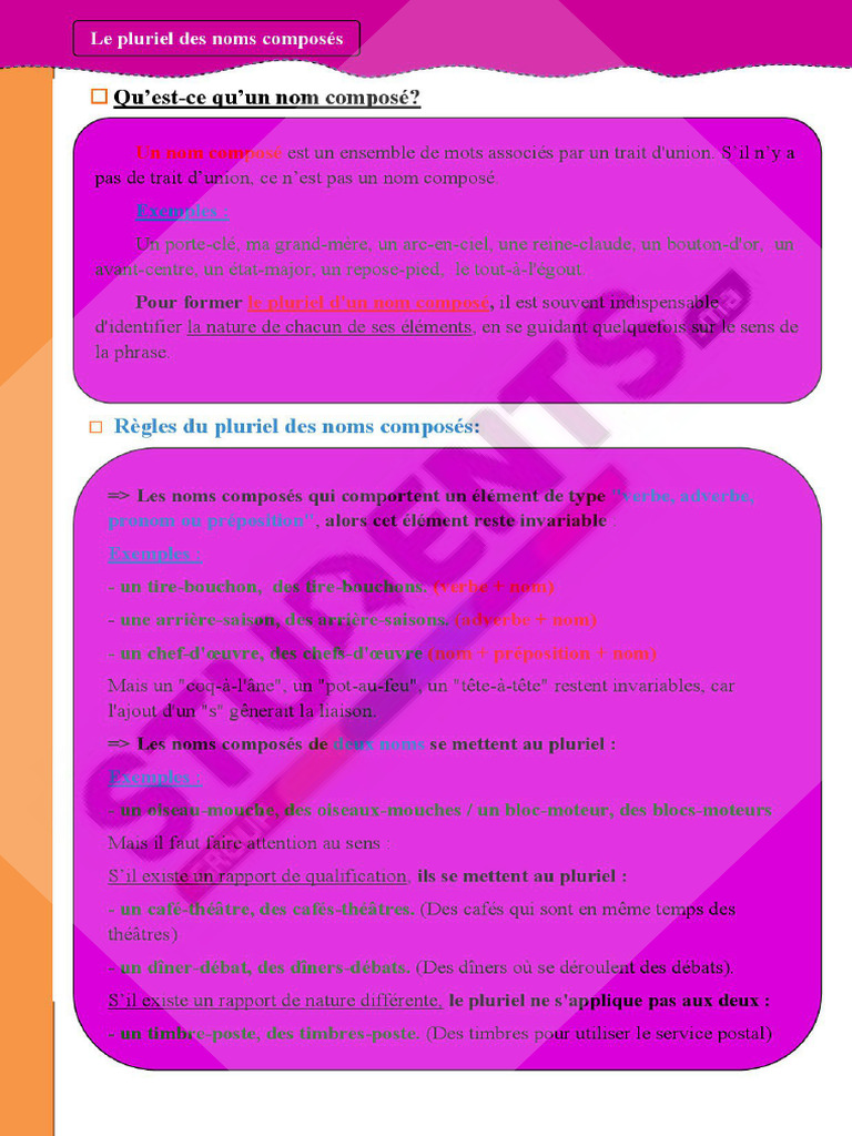 Le pluriel des noms composés الفرنسية الأولى إعدادي | PDF
