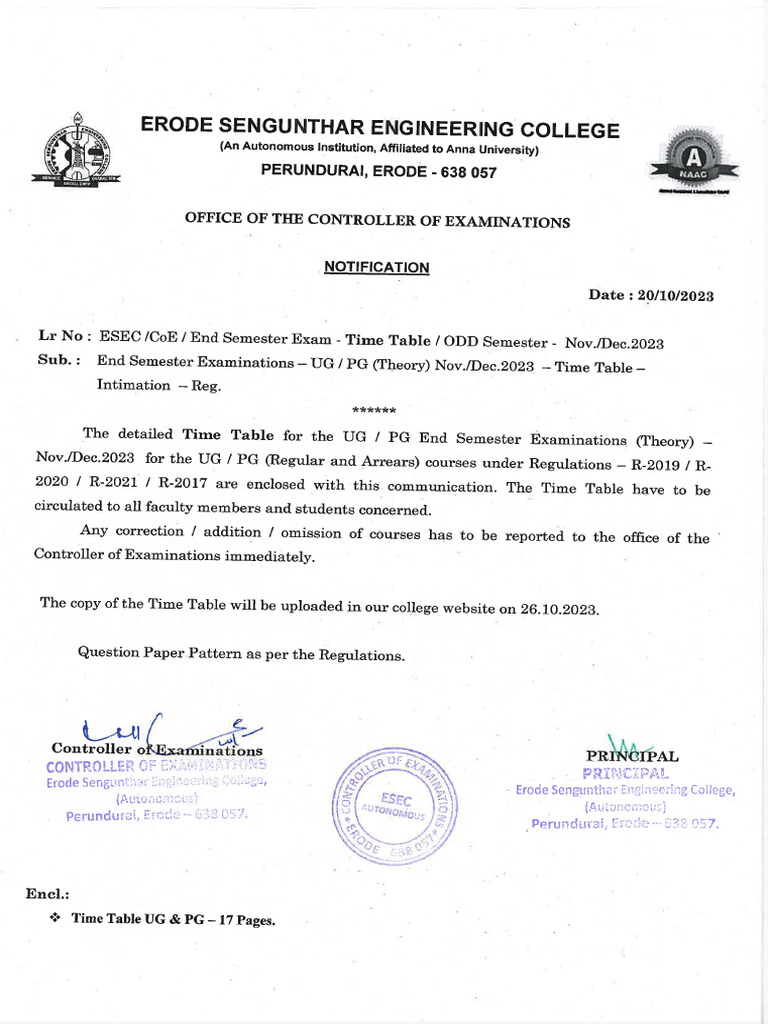 End Sem Exam Time Table Nov-Dec 2023 (Ug & PG) | PDF