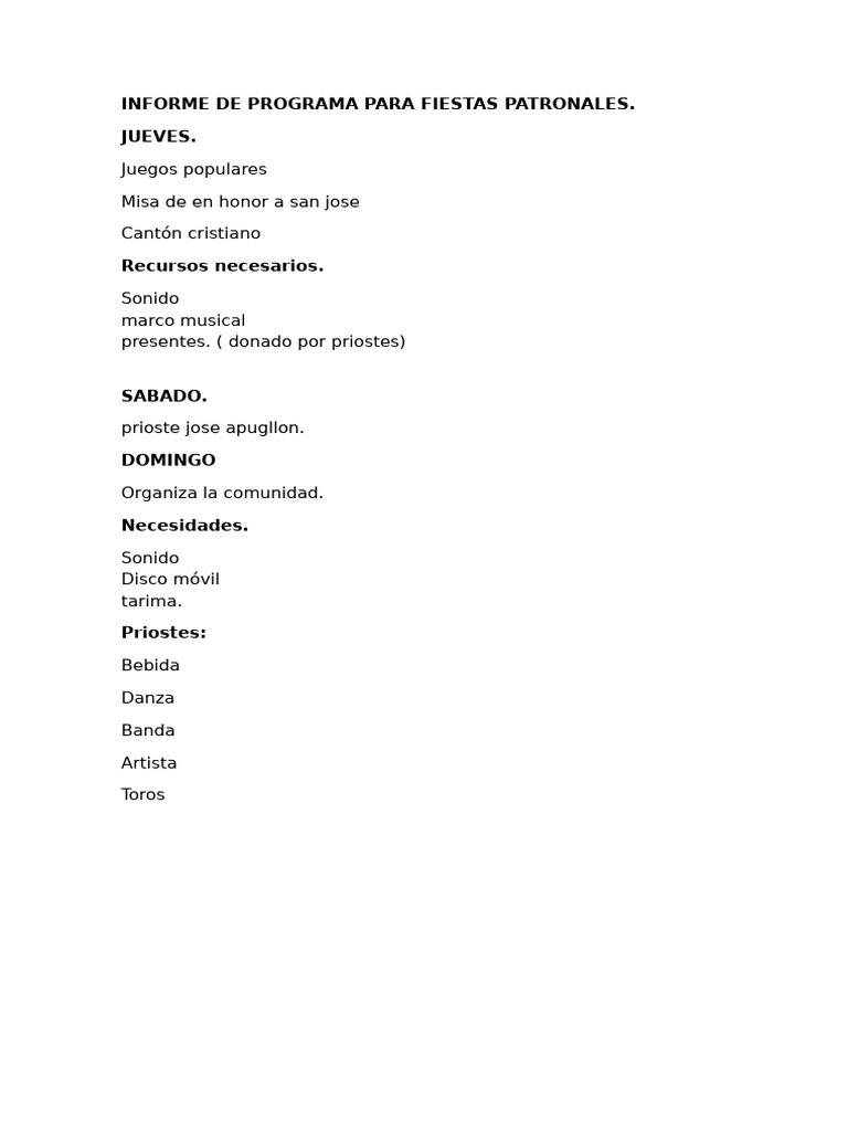 Informe de Programa para Fiestas Patronales | PDF