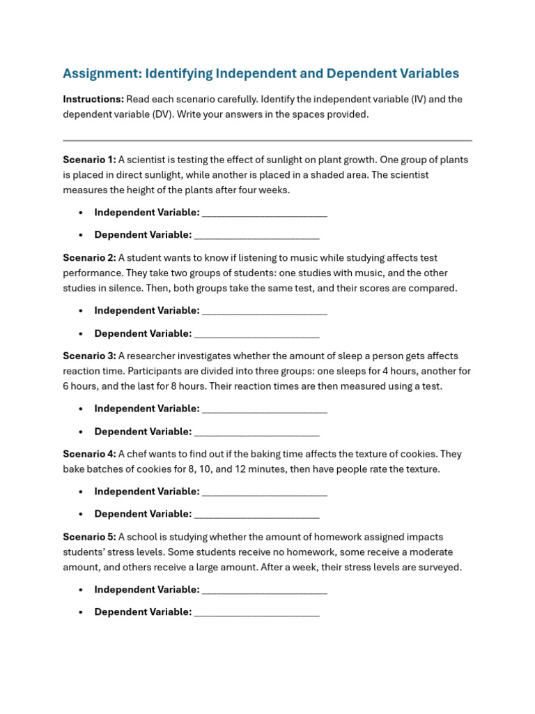 Identify Independent & Dependent Variables | PDF | Water | Homework