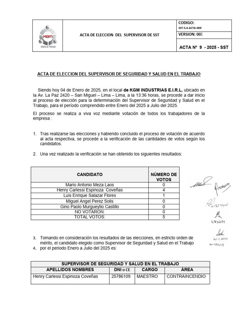Acta de Eleccion Del Supervisor de SST | PDF