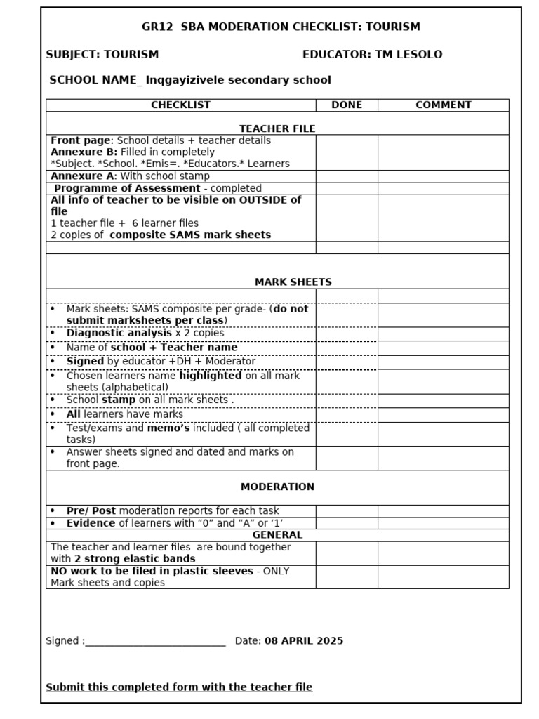 Teacher File Moderation Checklist 2025 | PDF