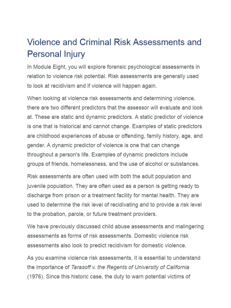Violence and Criminal Risk Assessments and Personal Injury | PDF ...