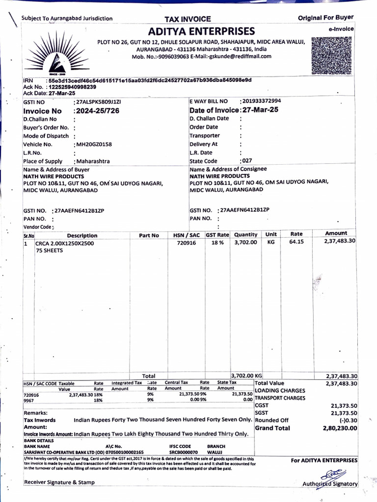 Aditya Enterprises Tax Invoice | PDF | Invoice | Government
