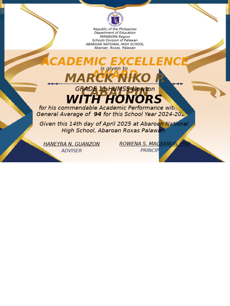 Gold and Blue Modern Elegant Certificate of Recognition | PDF