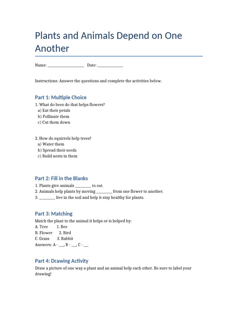 Plants Animals Interdependence Worksheet 3rdgrade | PDF