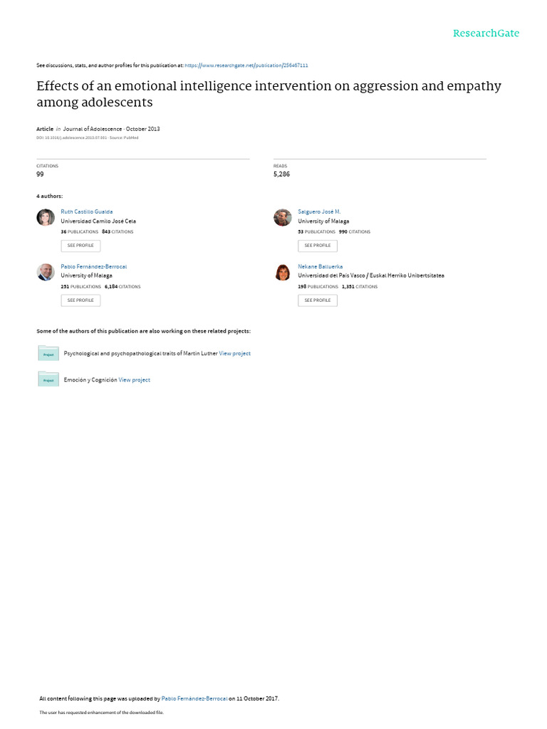 Effects of an emotional intelligence intervention on aggression and empathy among adolescents ...