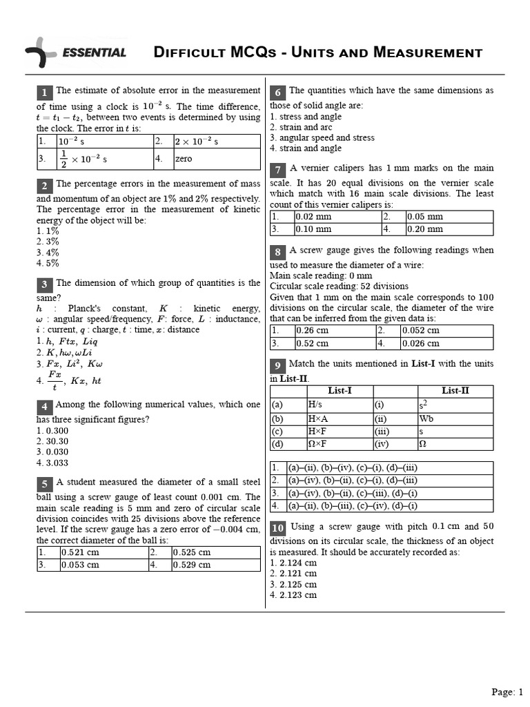 Difficult MCQs - Units and Measurement | PDF | Physical Quantities | Physics