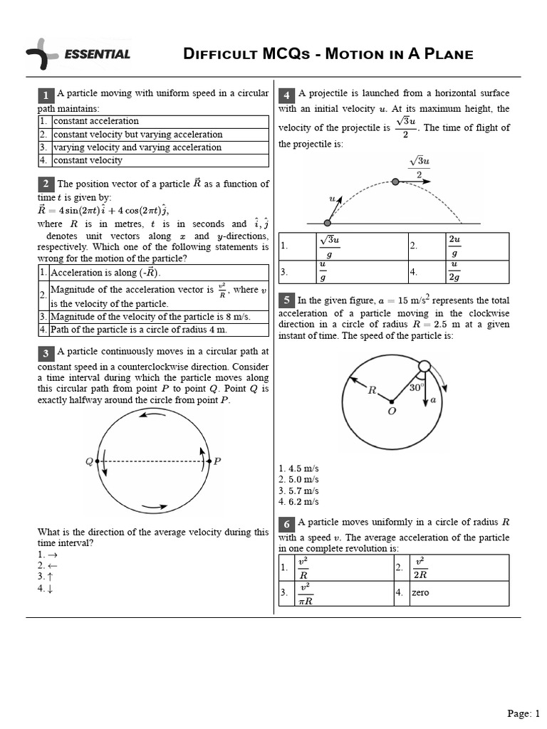 Difficult MCQs - Motion in a Plane | PDF | Acceleration | Velocity