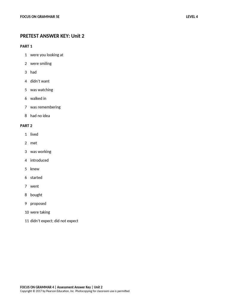 Focus on Grammar 5E Unit 2 Answer Key | PDF