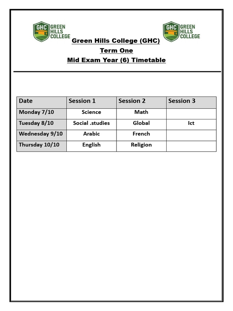 Mid Term Exam Y (6) Timetable | PDF