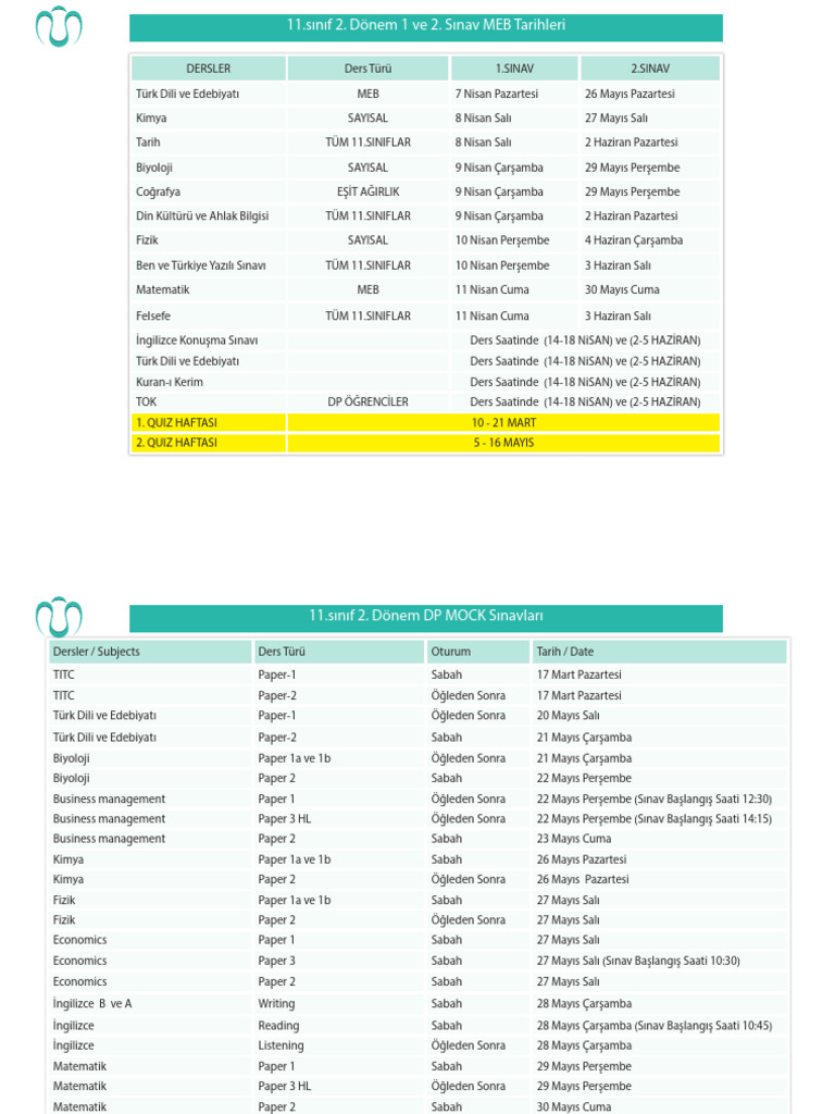 2.dönem Sınav Takvimi-11.sınıf-Guncel | PDF