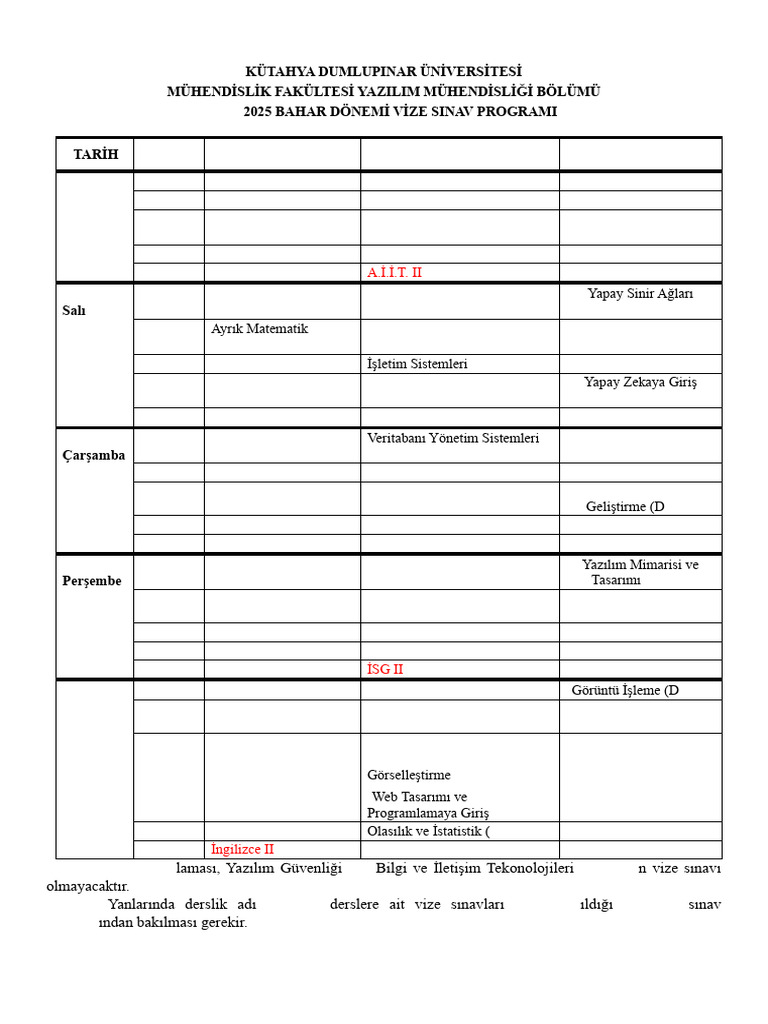 2024-2025 Bahar Doenemi Yaz L M Muehendisligi Boeluemue Vize S Nav Program | PDF