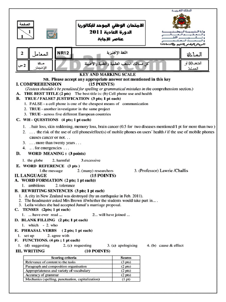 Repnse Normal 2011 Exam National English 2 Bac PDF | PDF