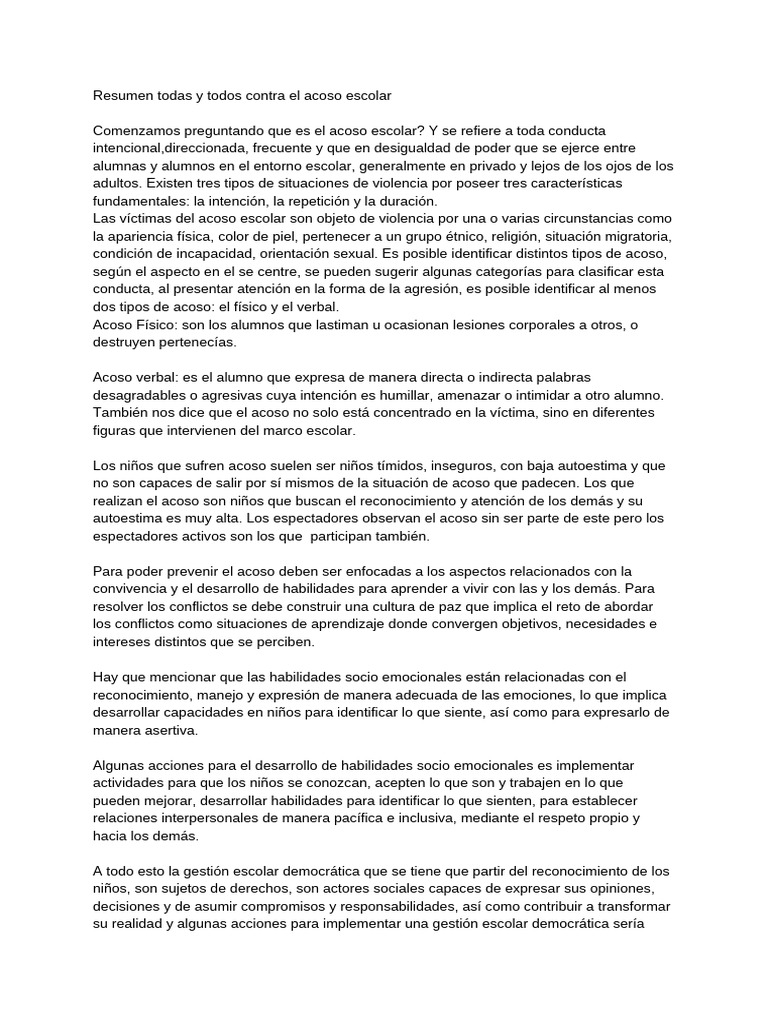 Resumen sobre el acoso escolar | PDF | Las emociones | Aprendizaje