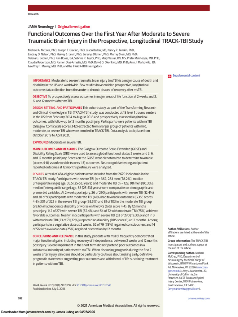 Functional Outcomes over the 1st year after moderate to severe TBI ...