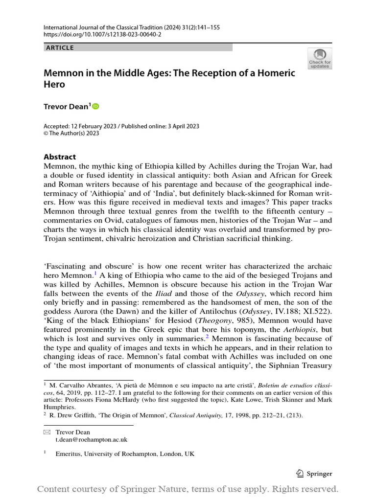 Memnon in The Middle Ages The Reception of A Homer | PDF | Troilus | Achilles