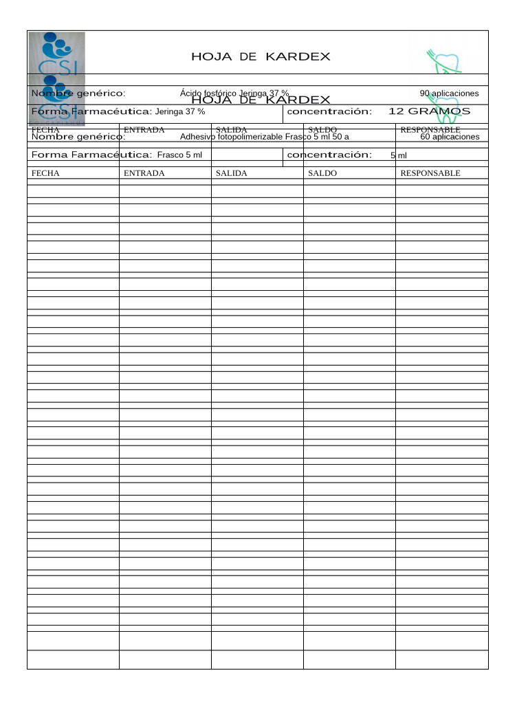 Hojas de Kardex de Insumos Médicos | PDF | Sustancias químicas | Materiales
