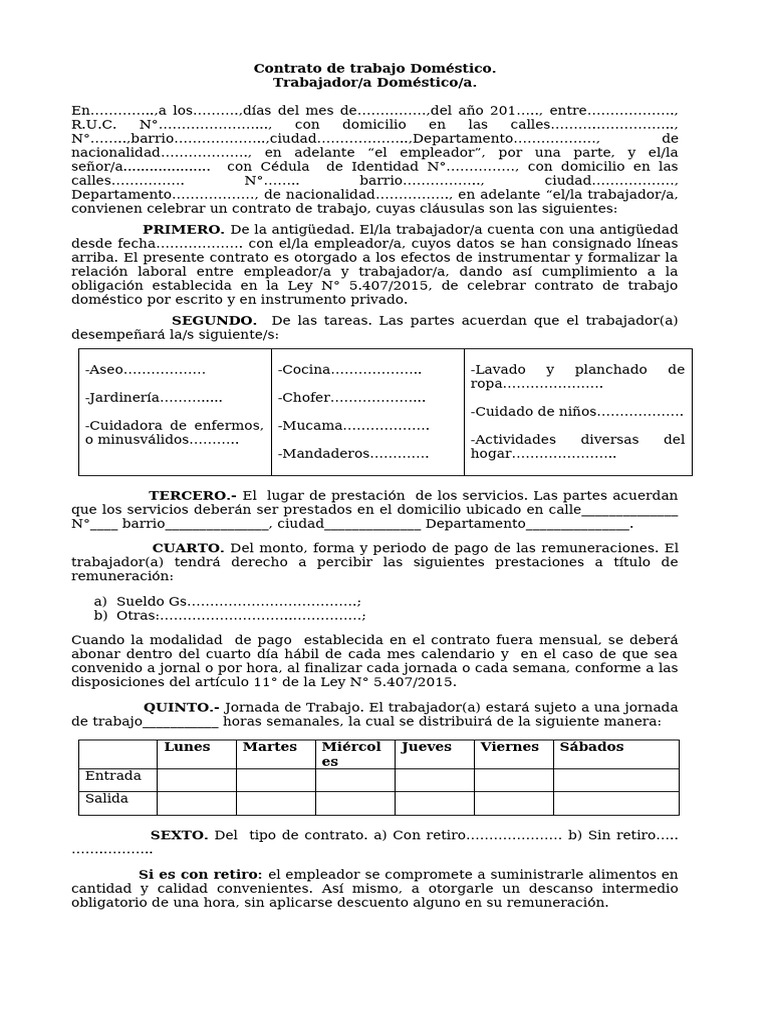 Contrato de Trabajo Doméstico - Generico Proforma Ministerio Del ...
