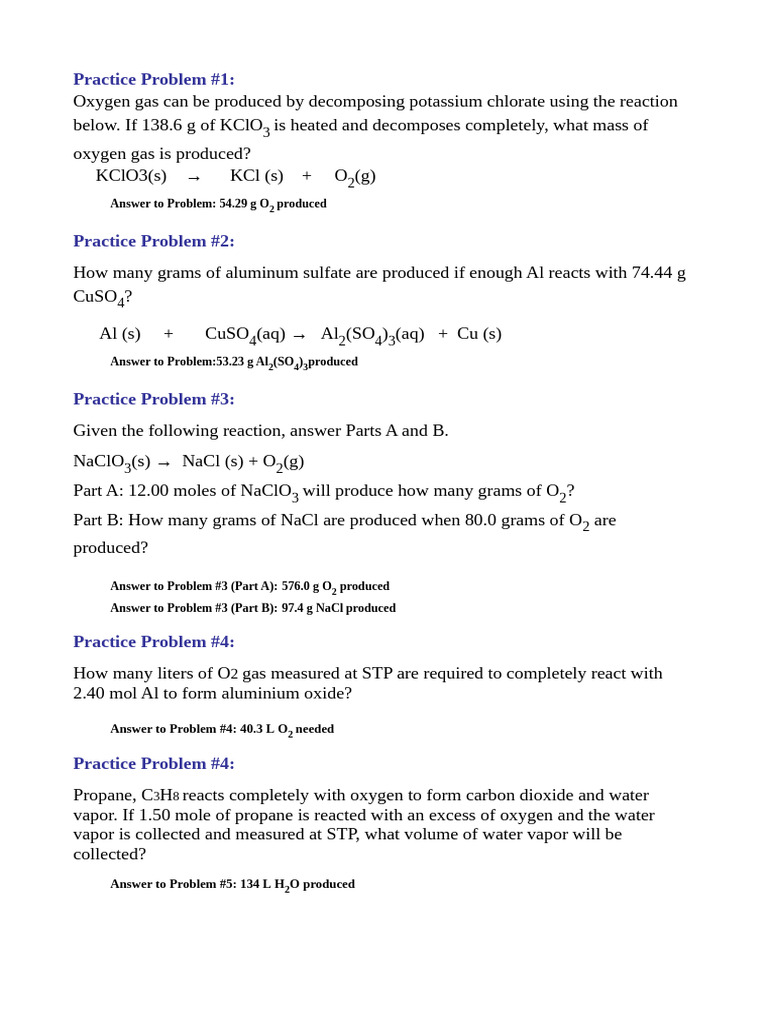 Stoichiometry Practice Problems and Solutions | PDF