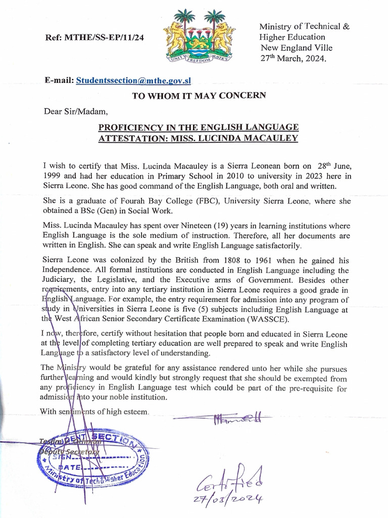 English Language Proficiency Certificate | PDF