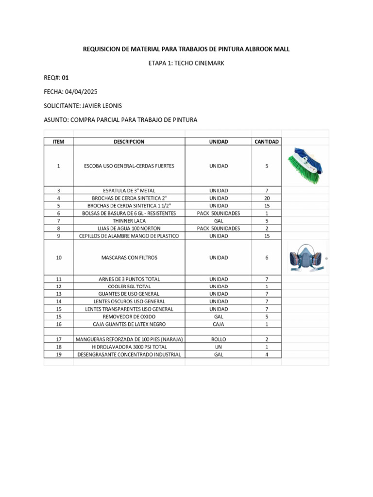 ARCO-REQ. 1- MATERIAL TRABAJOS PINTURA TECHO CINEMARK | PDF