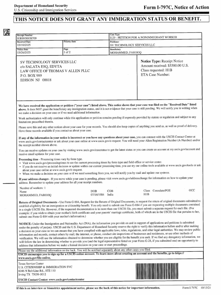 MOHAMMED, Farooq - SV Technology Services, LLC - I-129 Receipt Notice | PDF