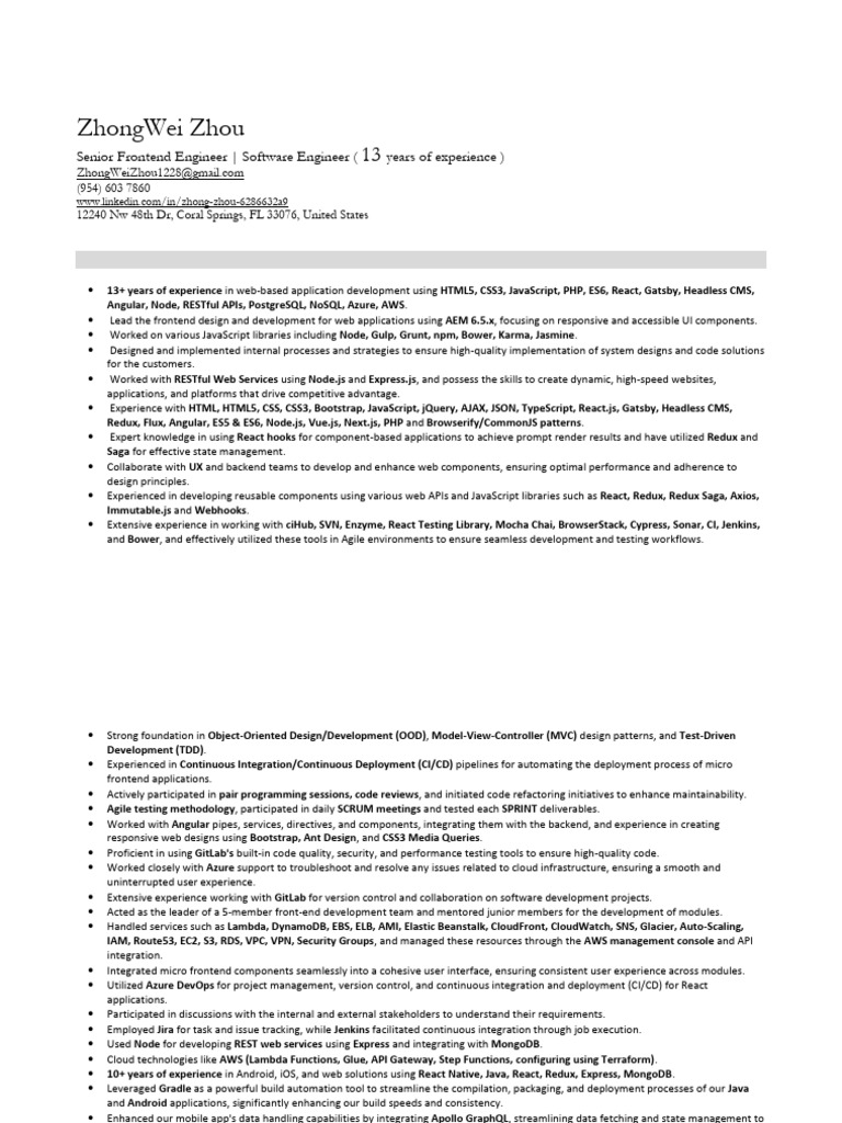 Dice Resume CV Zhongwei Zhou | PDF | Angular Js | J Query