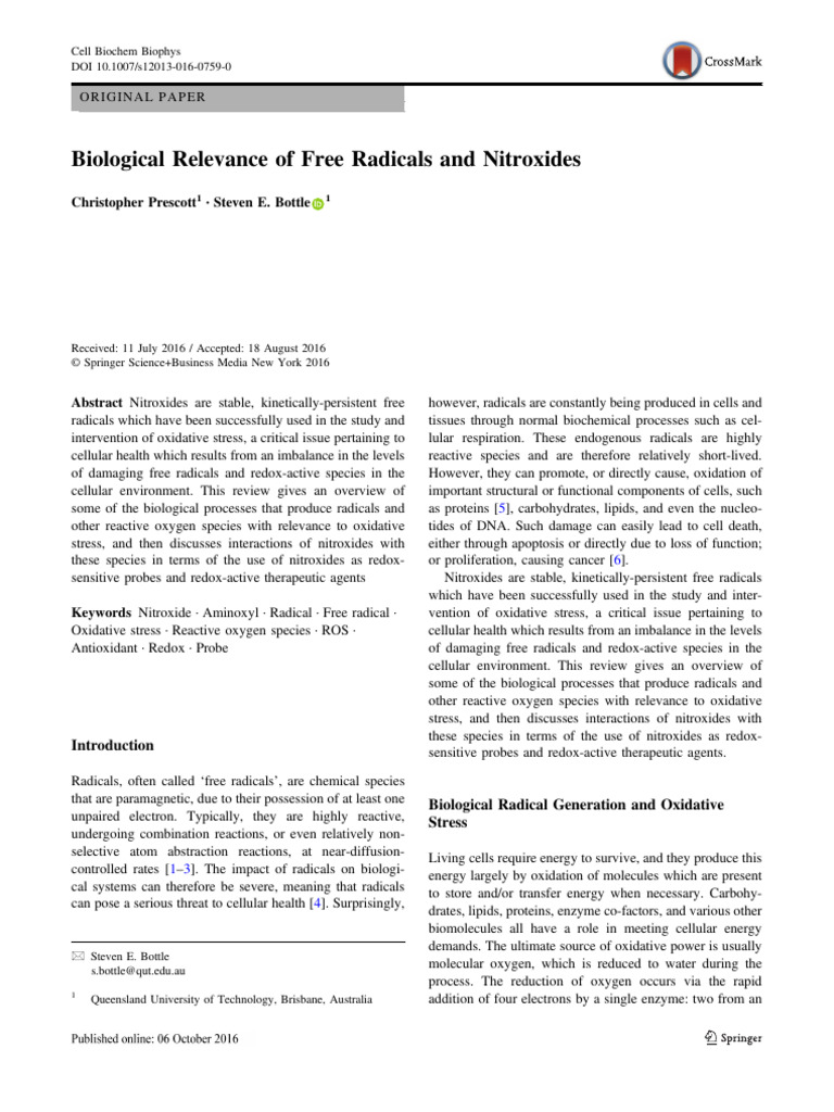 Biological Relevance of Free Radicals and Nitroxides-Bottle | PDF | Radical (Chemistry) | Redox