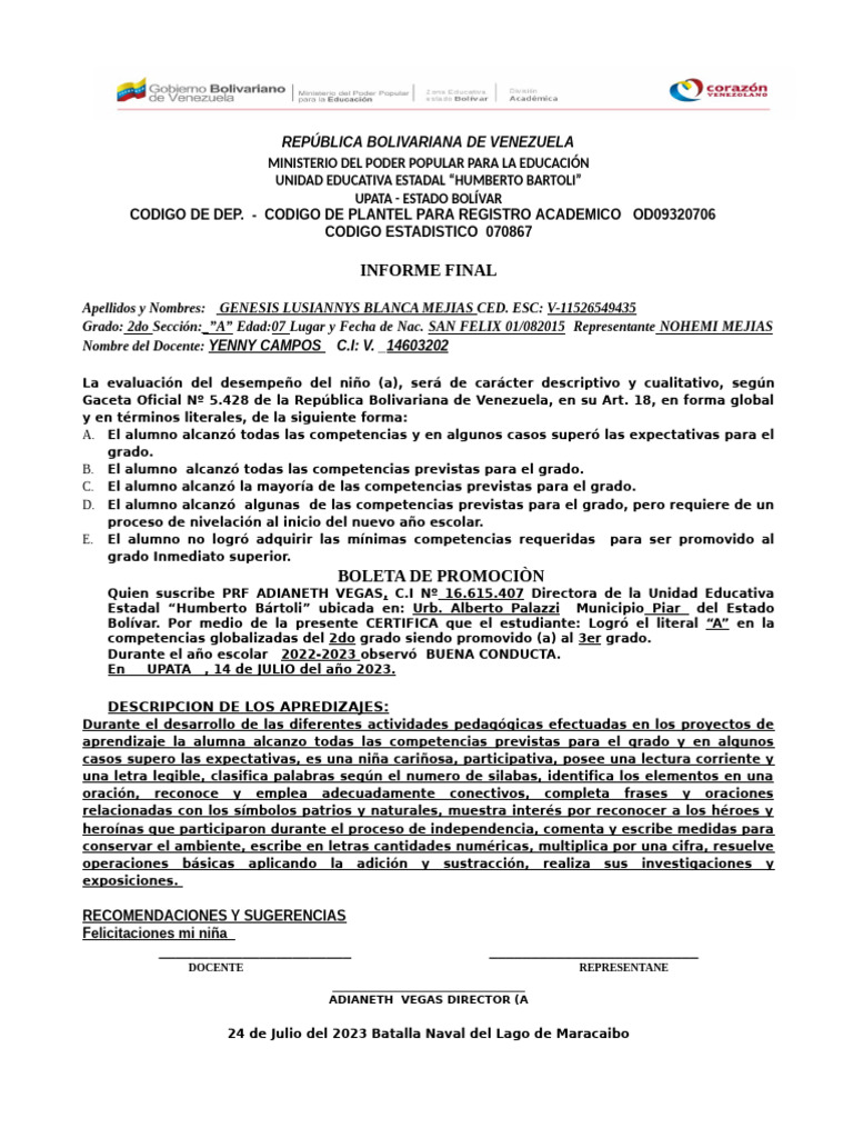 Boletas de Promocion 2023 | PDF | Venezuela | Maestros