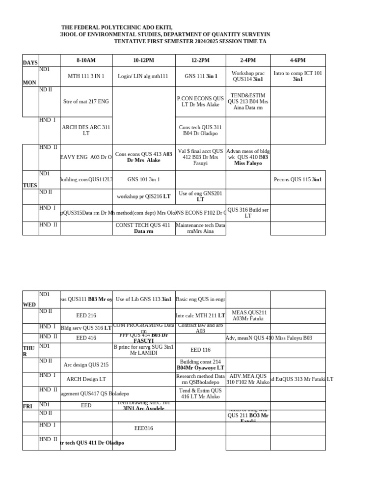 Timetable 2024-2025 Session | PDF