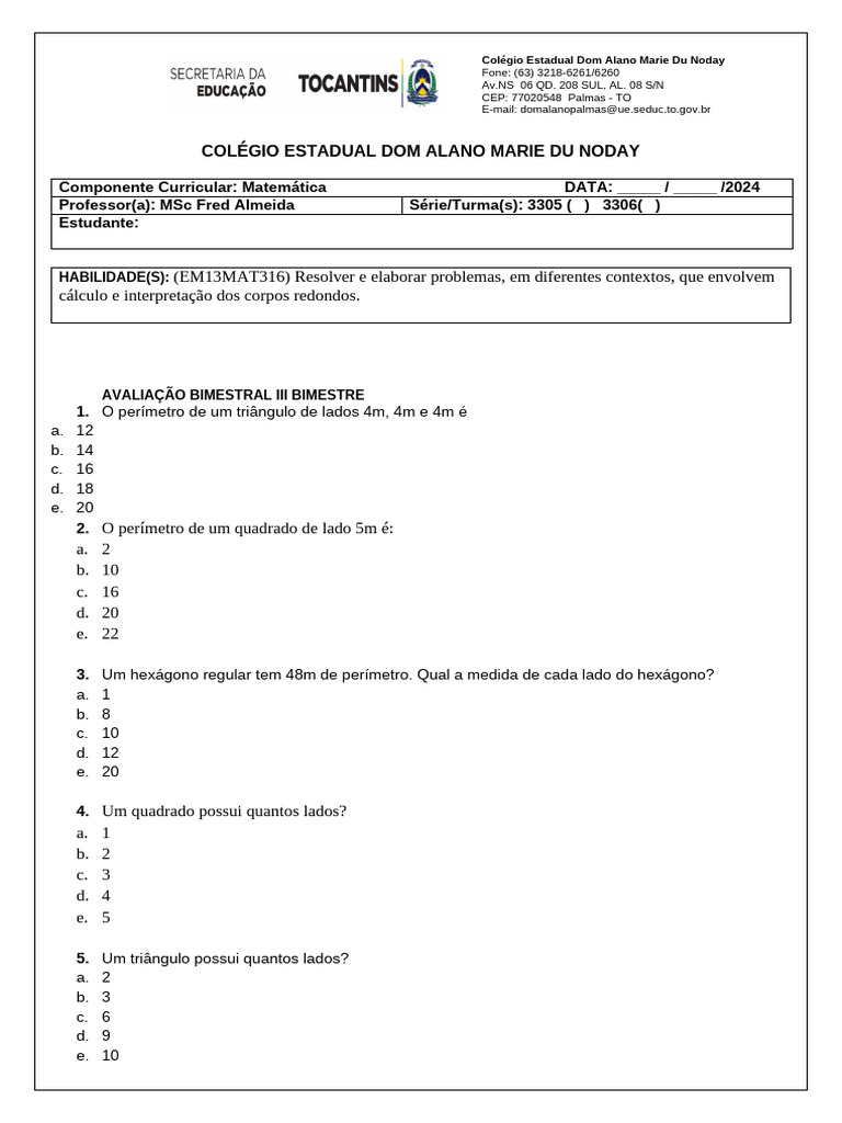 Prova Mat 3305 3306 IIIBIM | PDF