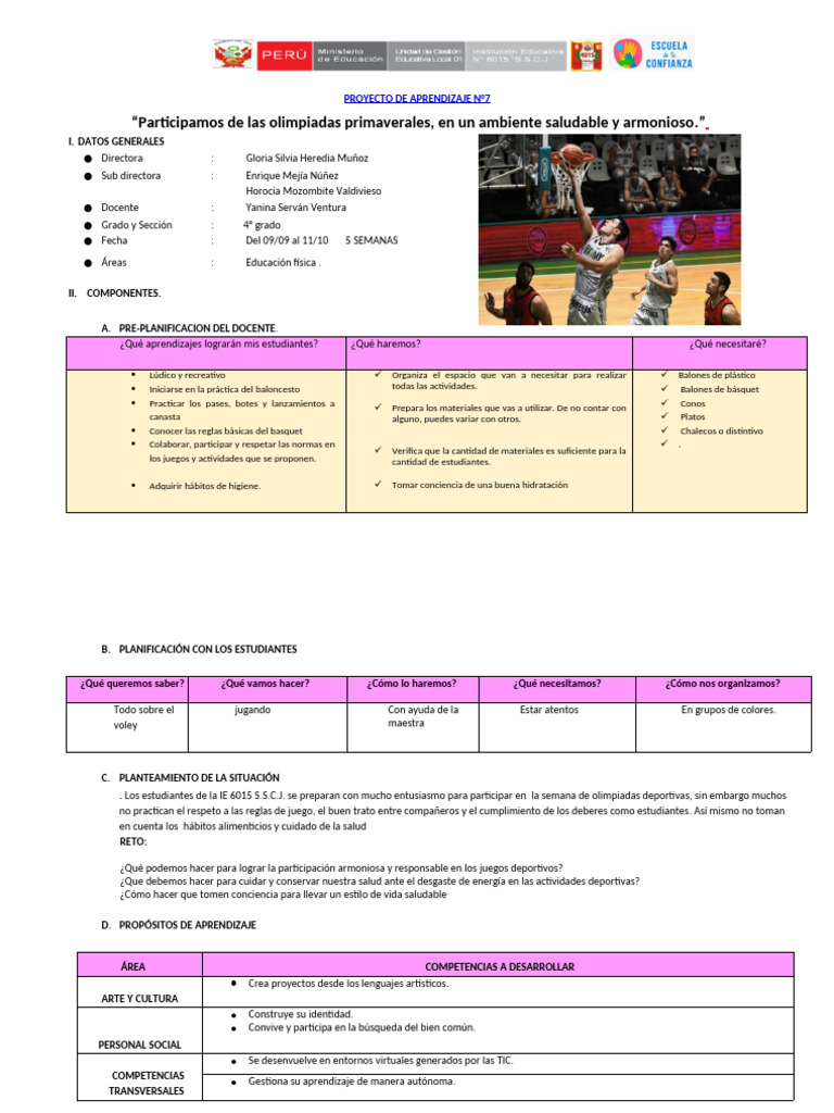 PROYECTO DE APRENDIZAJE N 7 yanina 4TO grado | PDF | Aprendizaje | Vóleibol