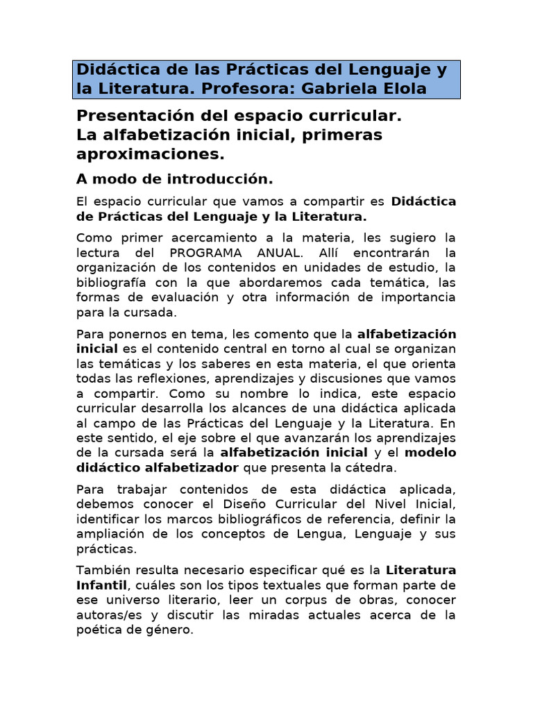 Didáctica de Prácticas Del Lenguaje y Literatura APUNTE INTRODUCTORIO ...