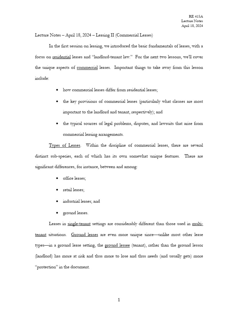 Lecture Notes - Class 8 (Leasing II) | PDF | Lease | Leasehold Estate