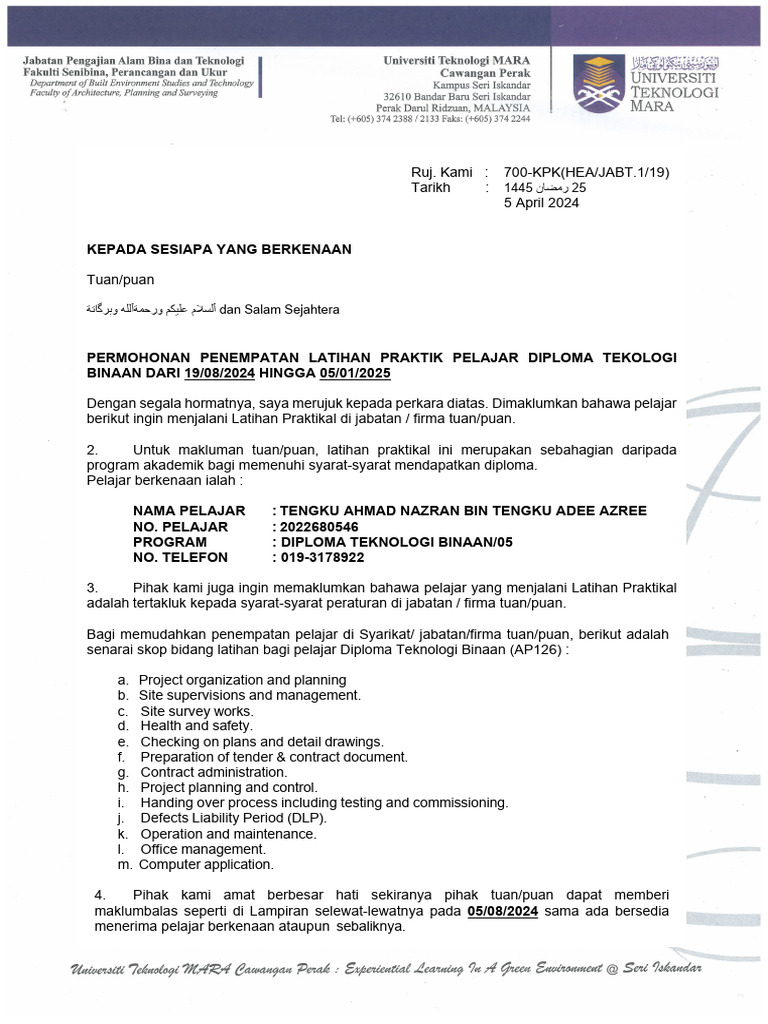 30_4C_SURAT PERMOHONAN LATIHAN PRAKTIKAL AP126 | PDF